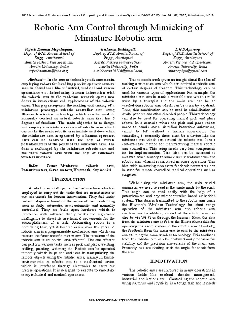 Robotic Arm Control Through Mimicking of Miniature Robotic Arm | PDF | Servomechanism | Robotics