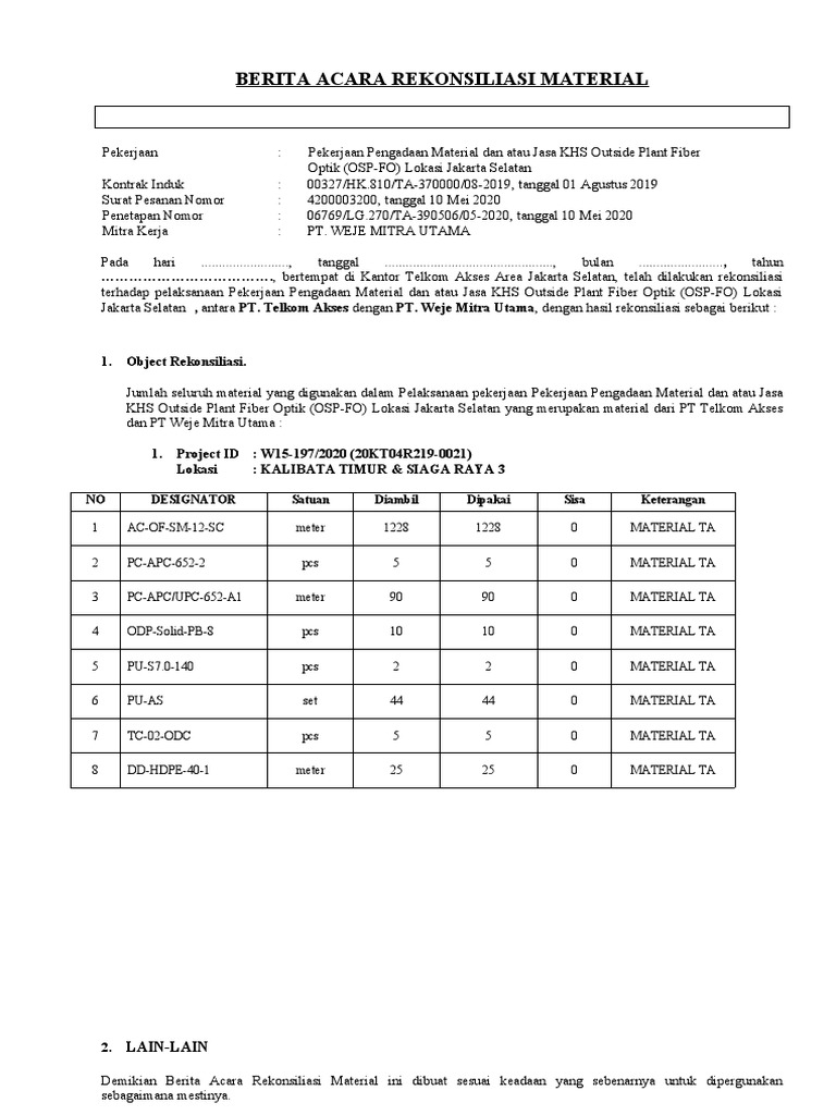 BA REKON MATERIAL GUDANG (BLM, Dipakai, Sisa, Ket) | PDF