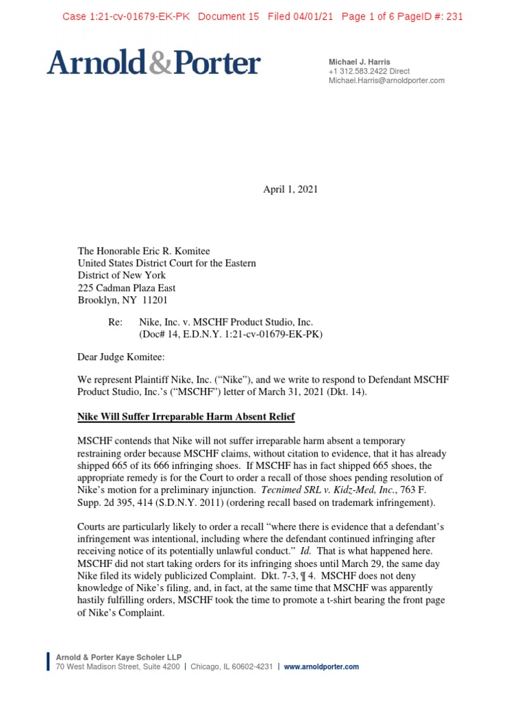 Nike TRO Letter | PDF | Trademark Dilution | Injunction
