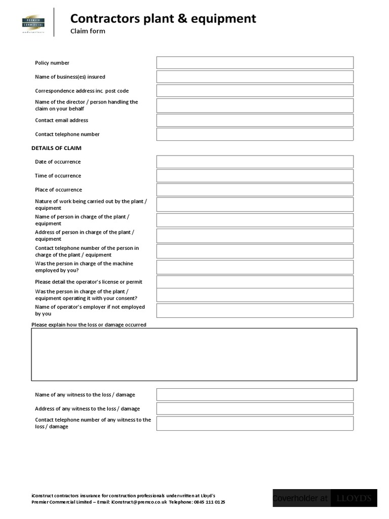 Contractors Plant-Claim Form | PDF | Insurance | Business