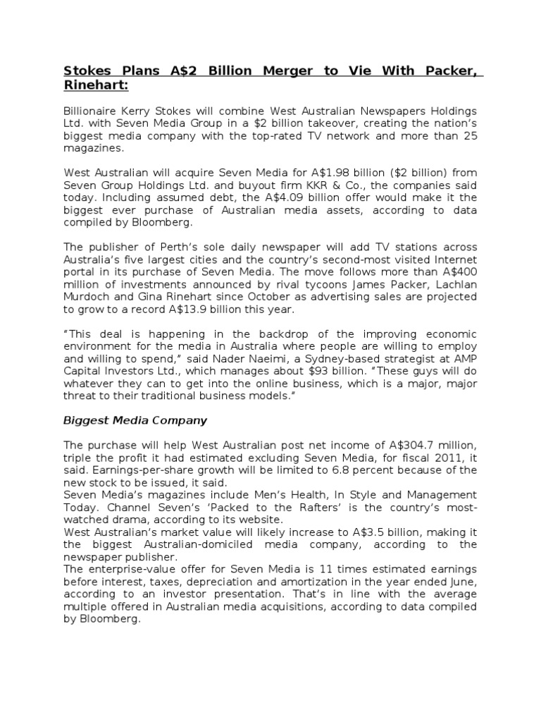 Stokes Merger With Packer | PDF | Companies | Economies