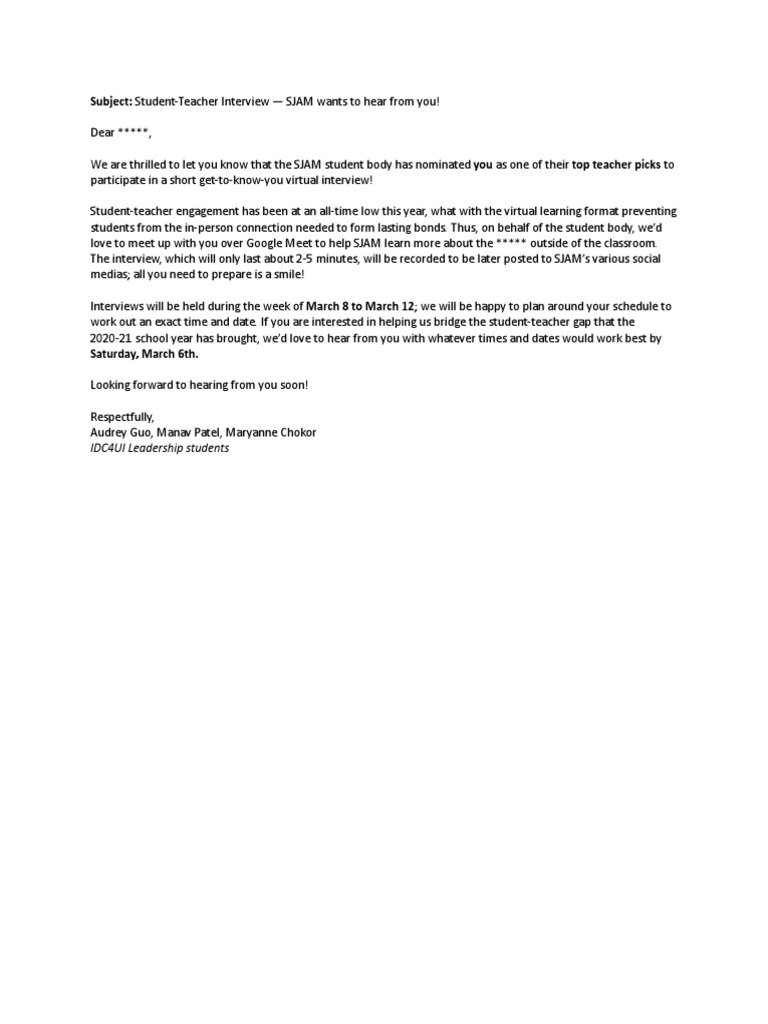 Sample Letter Reaching Out To The Teachers | PDF