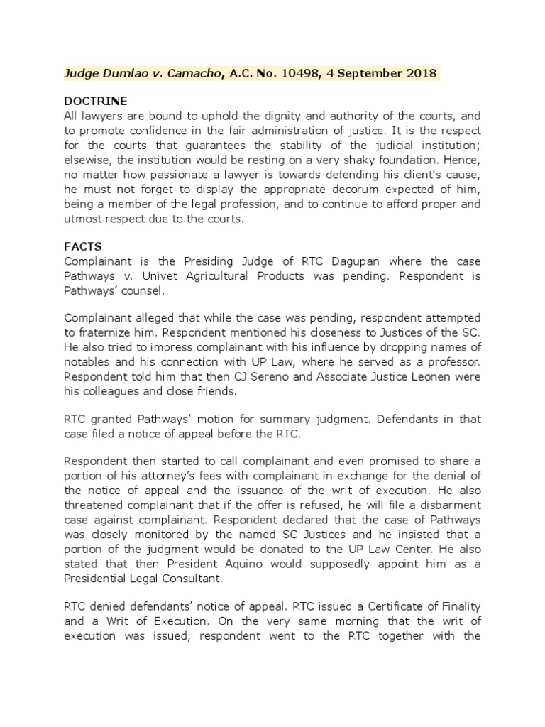 Judge Dumlao v. Camacho, A.C. No. 10498, 4 September 2018 | PDF ...