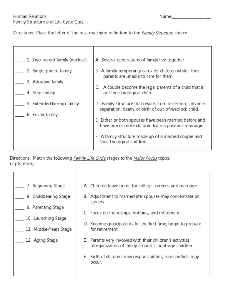Family Structure & Life Cycle Quiz | PDF | Stepfamily | Family