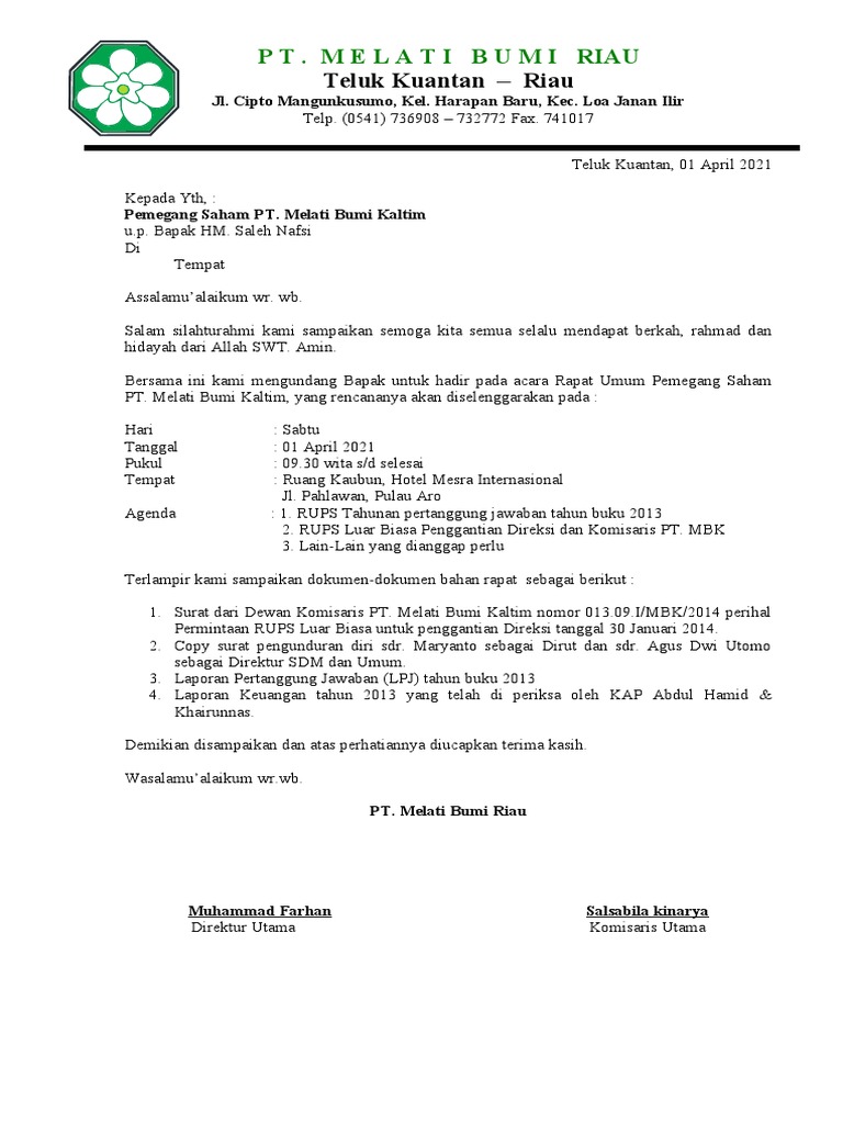 Contoh Surat Undangan Rups | PDF