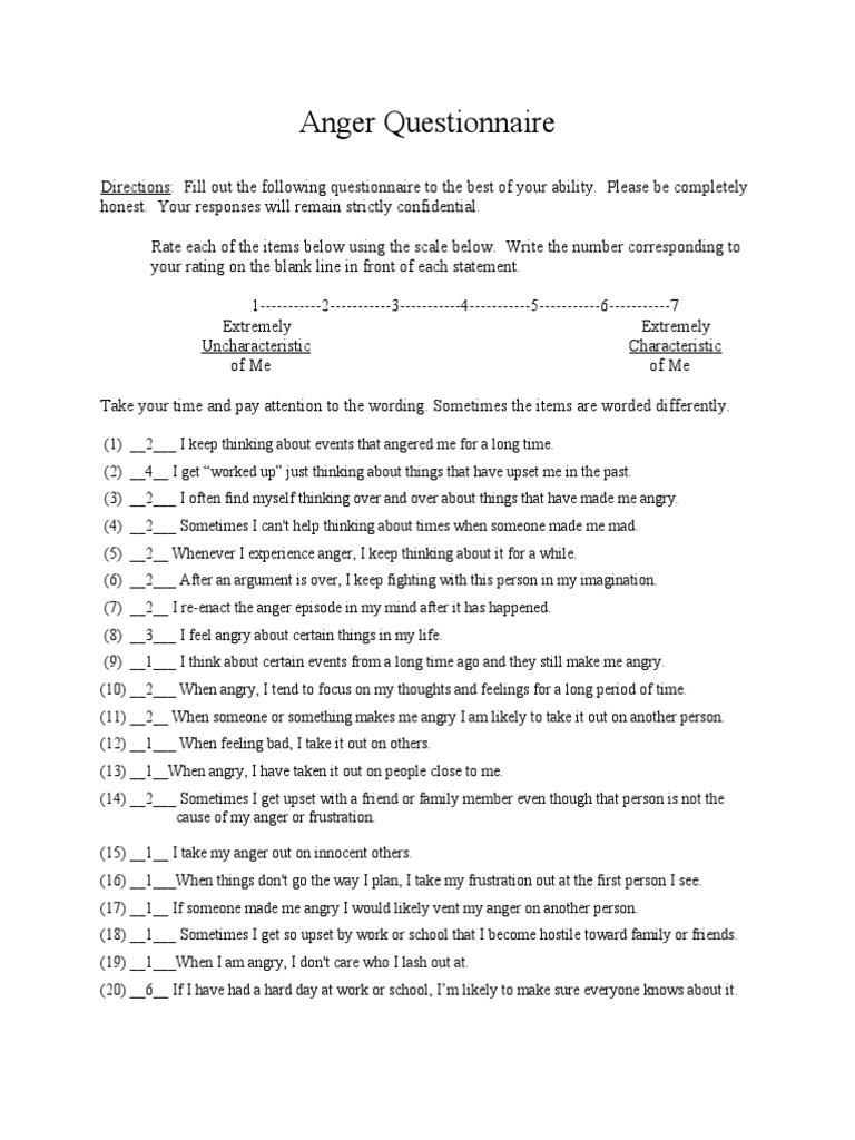 Anger Questionnaire | PDF | Anger | Metaphysics Of Mind