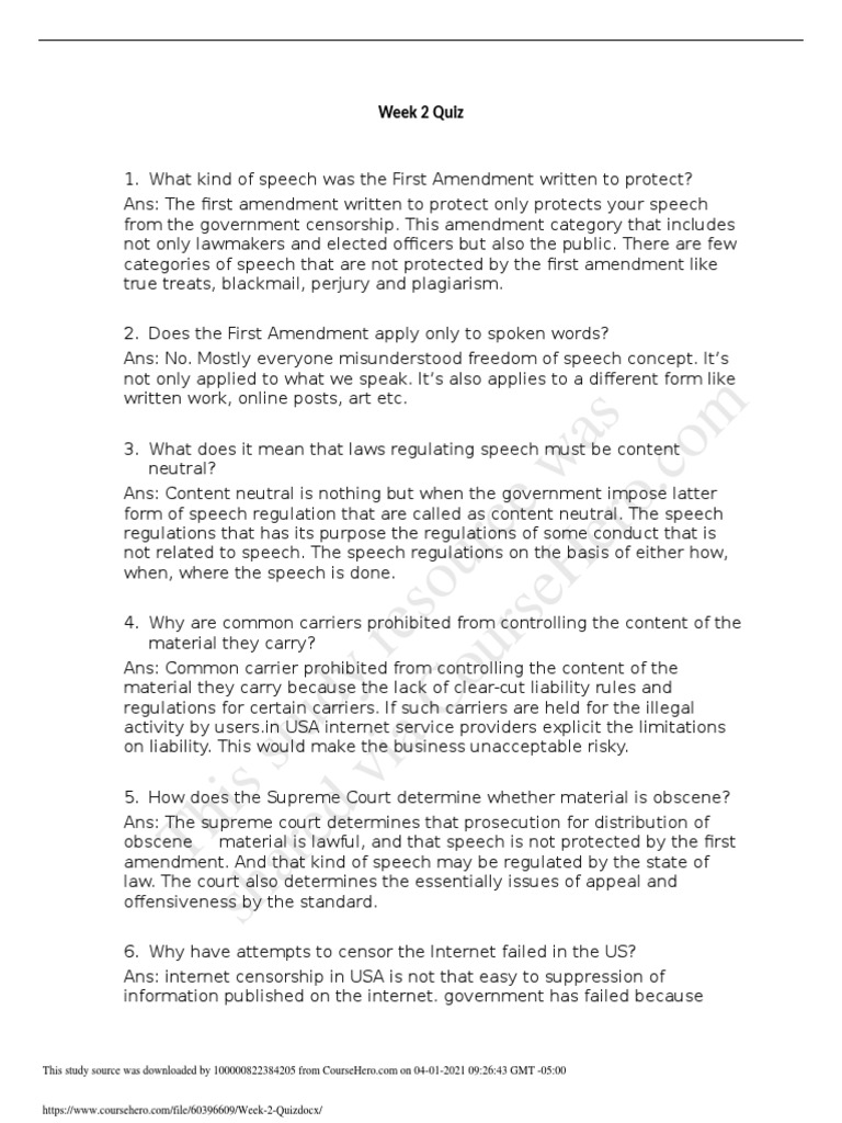 This Study Resource Was: Week 2 Quiz | PDF | First Amendment To The ...