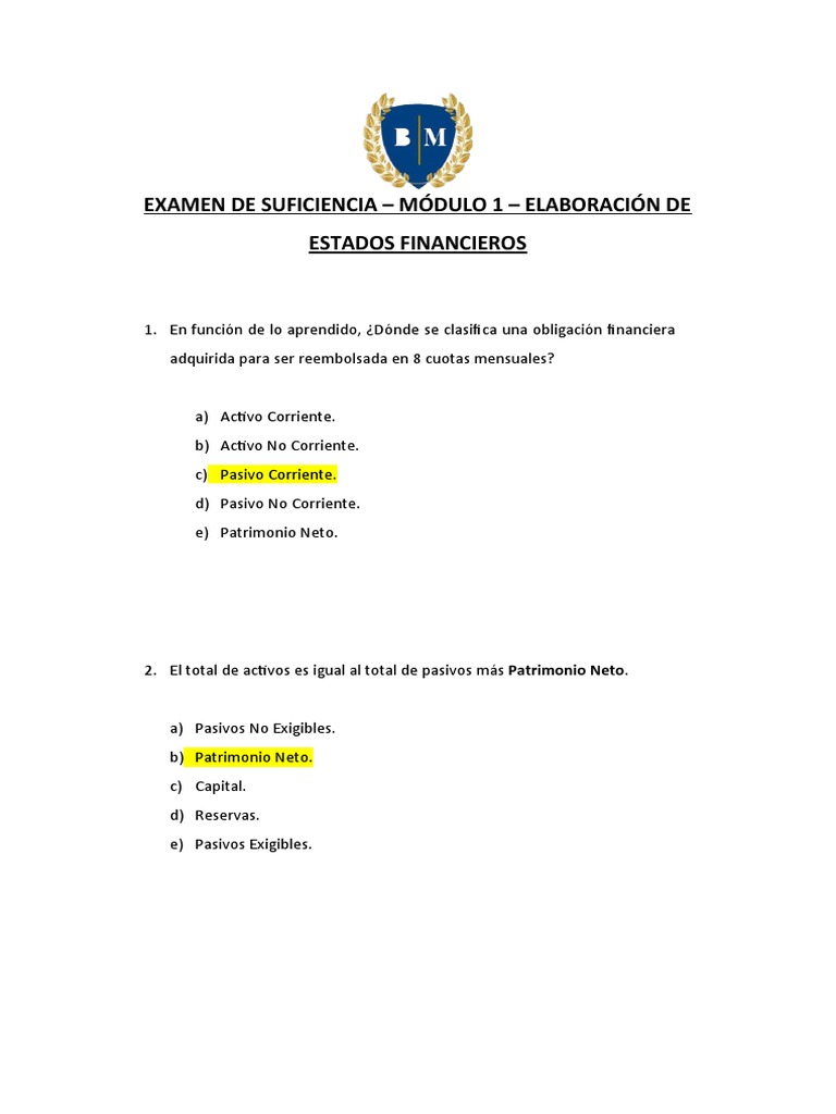 Examen de Suficiencia Módulo 1 - Elaboración de Eeff | PDF