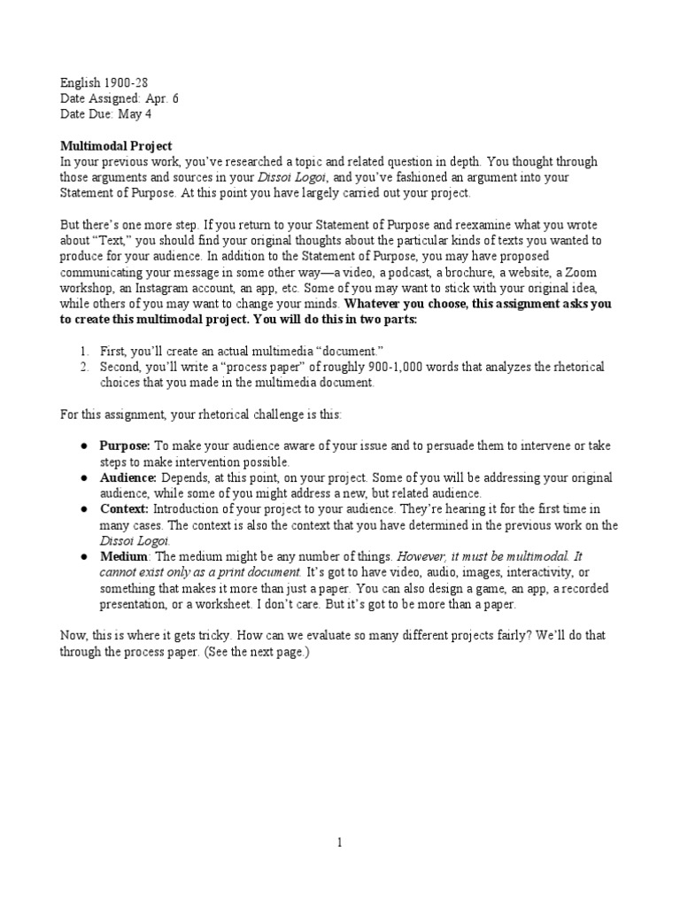 Multimodal Assignment Sheet 1900-28 | PDF | Rhetoric | Essays