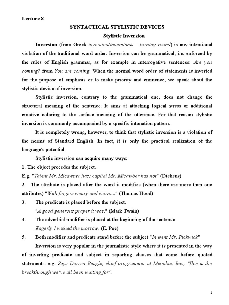 Lecture 8 Syntactical Stylistic Devices | PDF | Question | Subject ...
