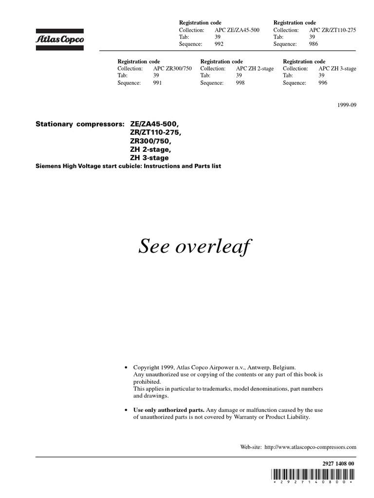 See Overleaf: Stationary Compressors: ZE/ZA45-500, ZR/ZT110-275, ZR300 ...