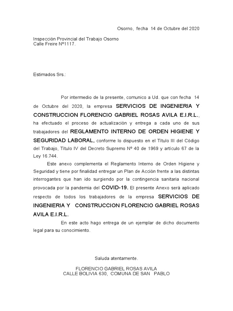 Cartas Reglamento Interno DT | PDF