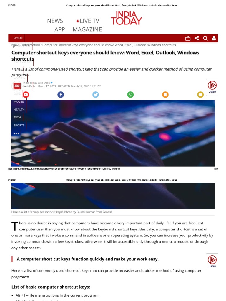 Computer Shortcut Keys Everyone Should Know - Word, Excel, Outlook ...