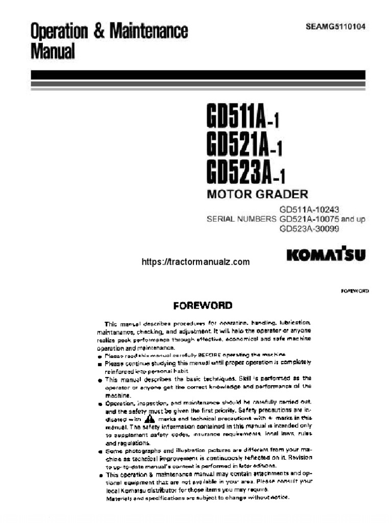 Komatsu GD511 GD521 GD523 Motor Grader Operation Maintenance Manual | PDF