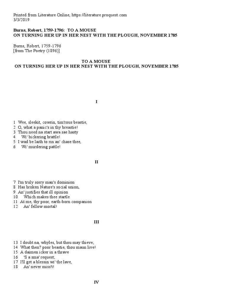 Robert Burns - To A Mouse | PDF | Poetry