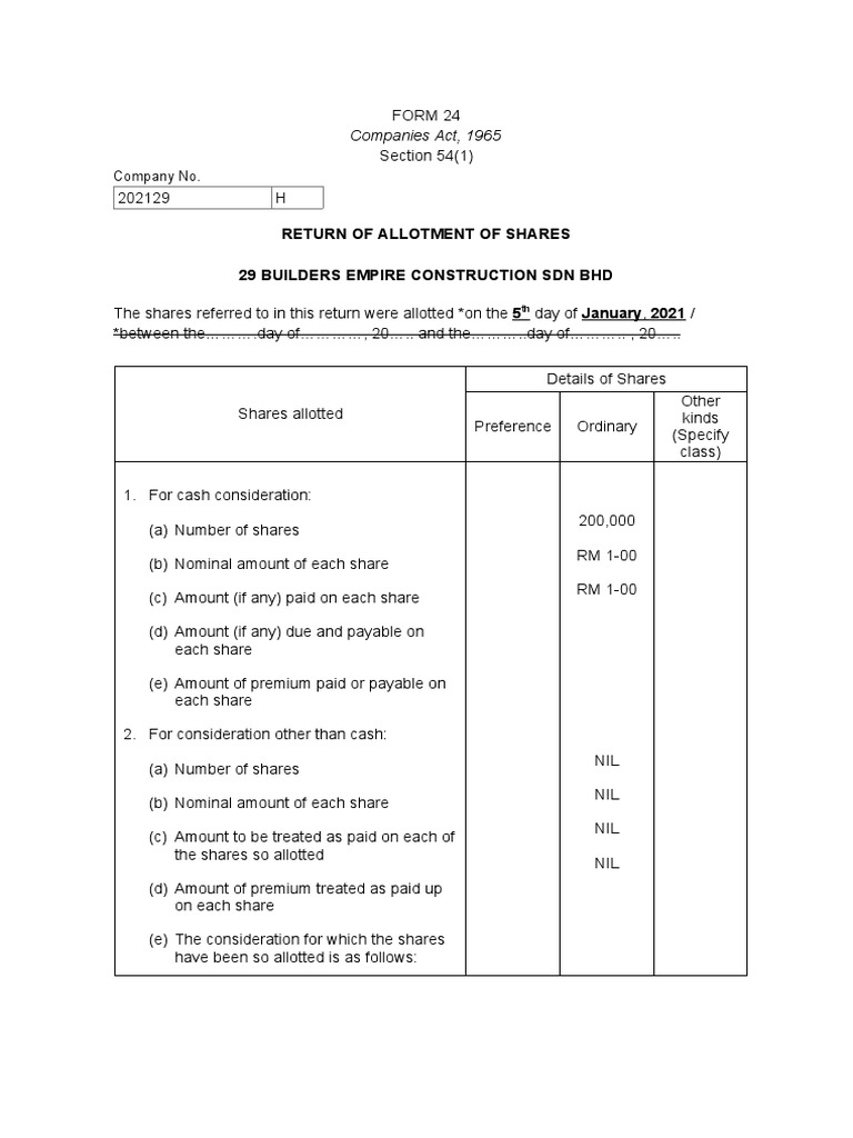 Form 24 (Return of Allotment of Shares) | Download Free PDF ...