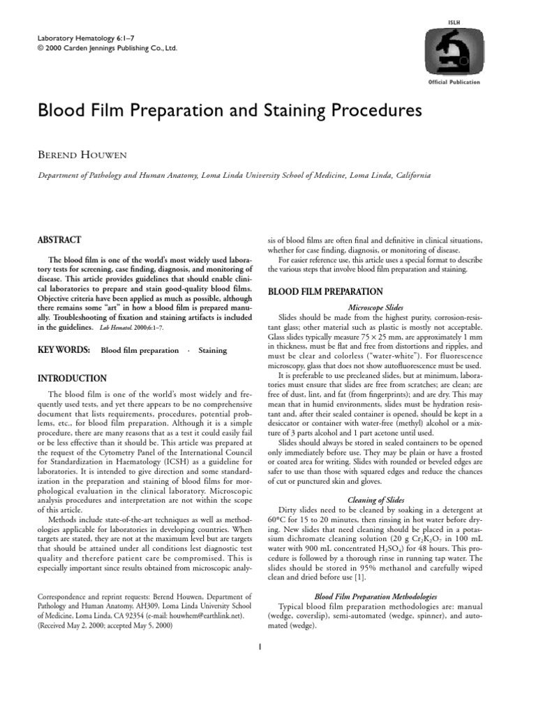 Blood Film Preparation and Staining Procedures: Erend Ouwen | PDF ...