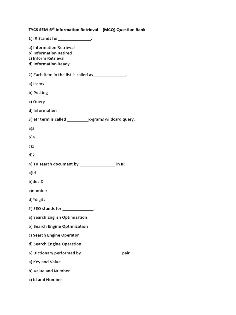 Tycs Sem-6 Information Retrieval (MCQ) Question Bank: Items | PDF | Search Engine Indexing ...