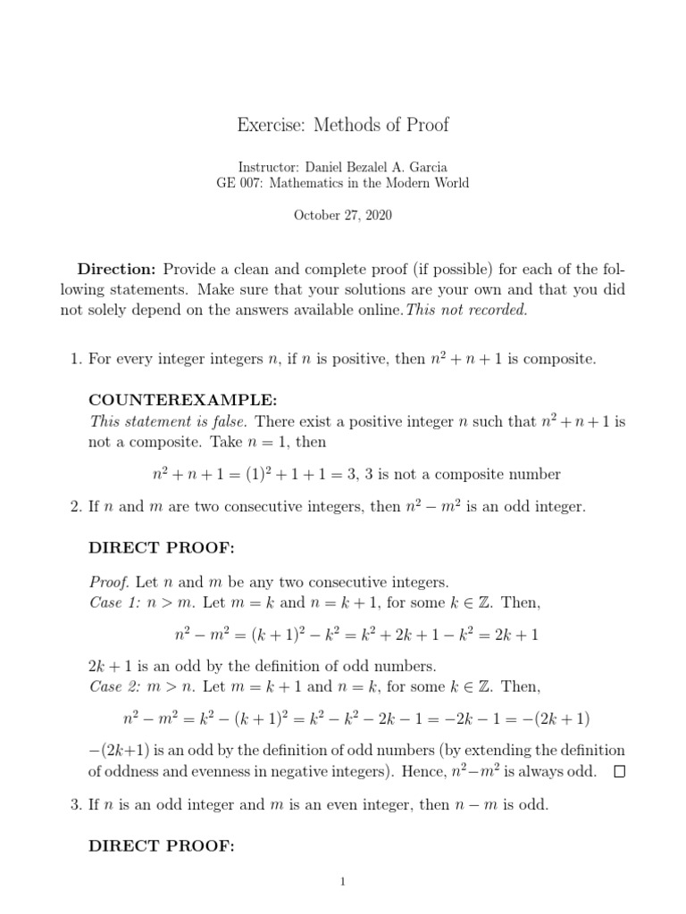 Exercise For Methods of Proof Solutions | PDF | Mathematical Proof | Integer