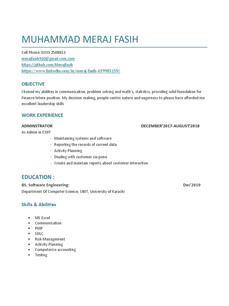 Finance Intern Resume of Meraj Fasih | PDF | Computers