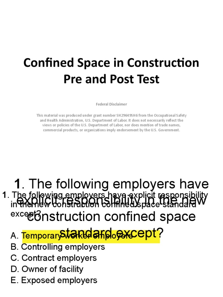 Pre and Post Test Construction Confined Space | PDF | Workplace ...