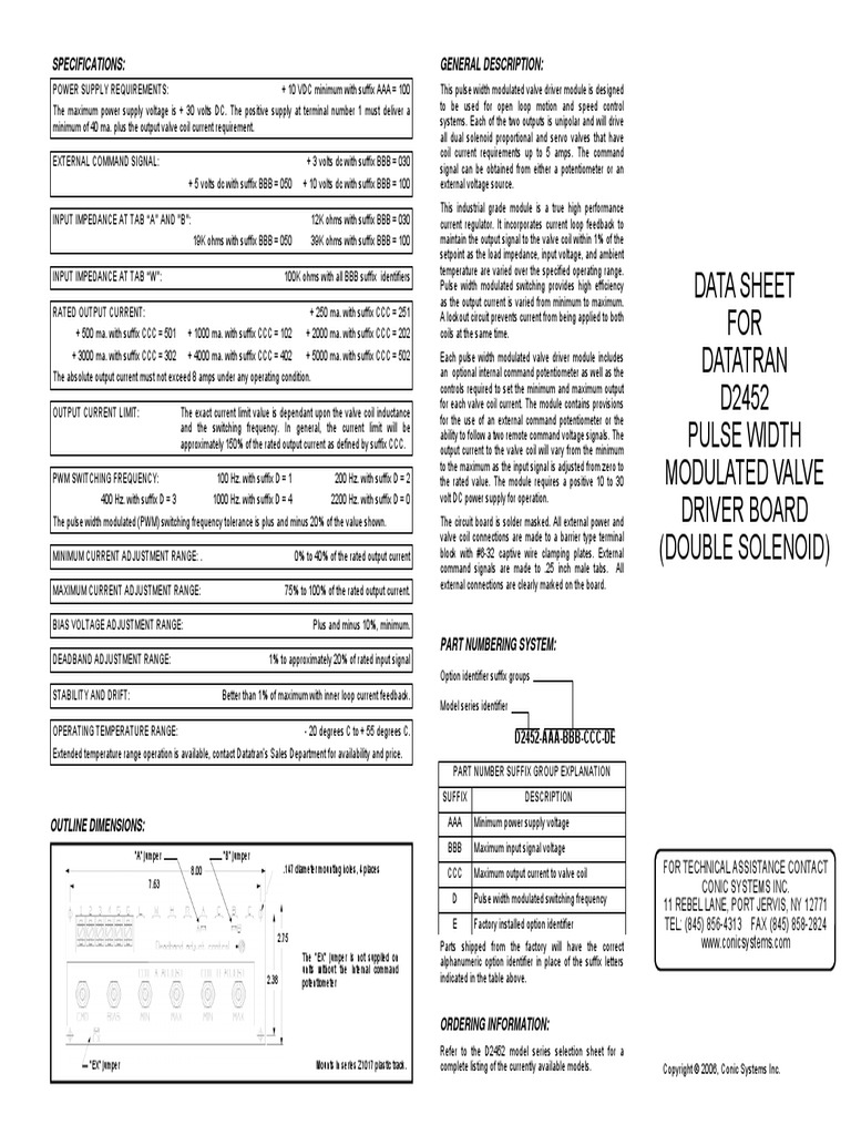 Data Sheet FOR Datatran D2452 Pulse Width Modulated Valve Driver Board ...