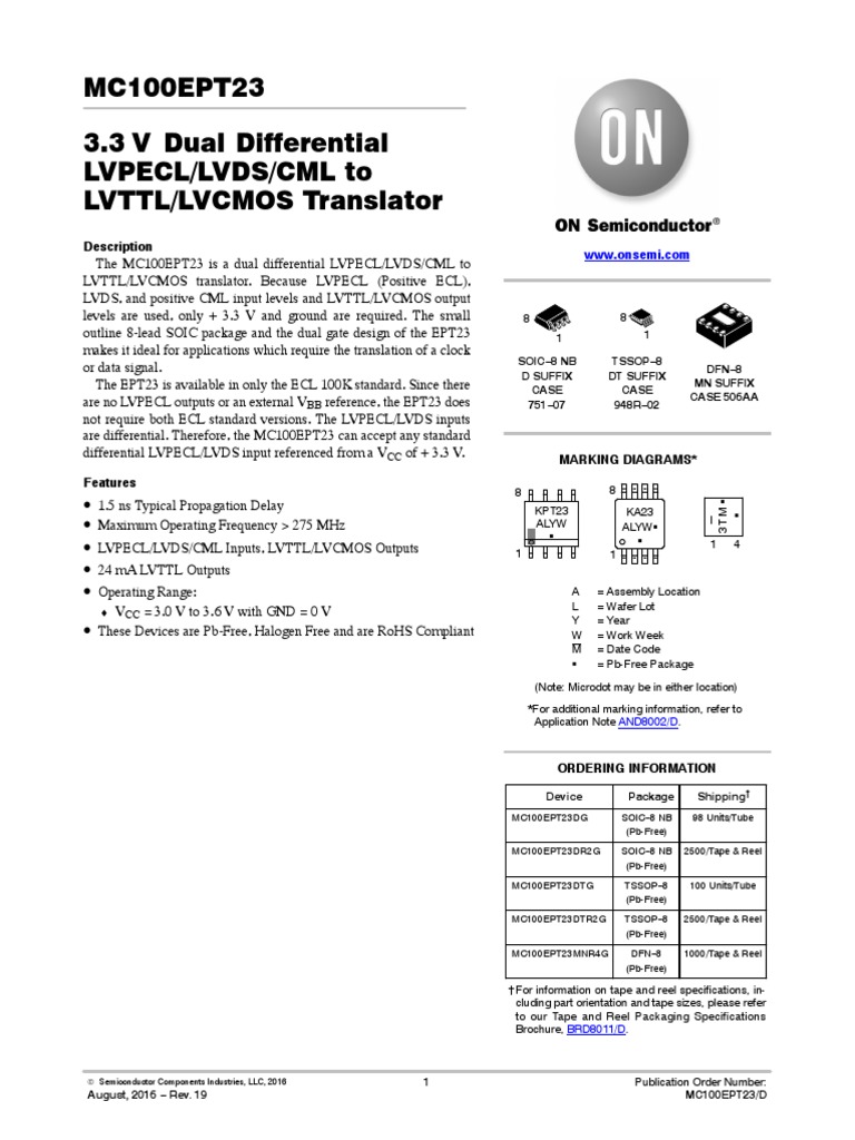 MC100EPT23 3.3V Dual Differential Lvpecl/Lvds/Cml To LVTTL/LVCMOS ...