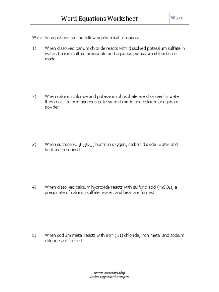 w327 Word Equations Worksheet | PDF