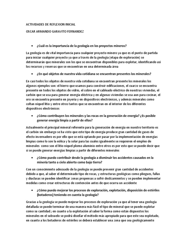 Actividades de Reflexion Inicial | PDF | Minería | Roca (geología) Actividades de Reflexion Inicial | PDF | Minería | Roca (geología)