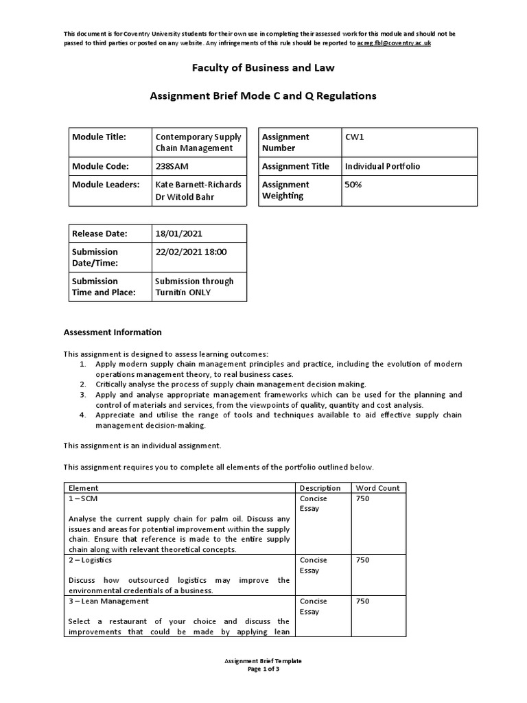 Coventry University SCM Assignment Brief | PDF | Plagiarism | Supply ...