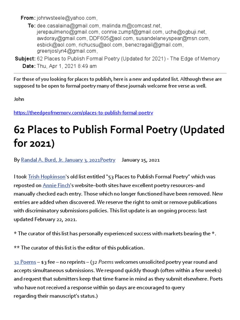 62 Places To Publish Formal Poetry (Updated For 2021) - The Edge of ...