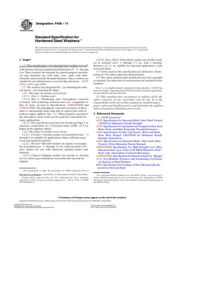 Astm F436 2011 PDF | PDF | Screw | Washer (Hardware)