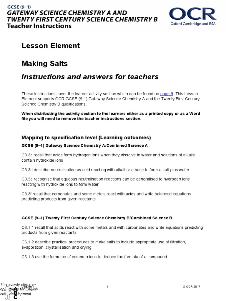 Lesson Element Making Salts: Instructions and Answers For Teachers ...
