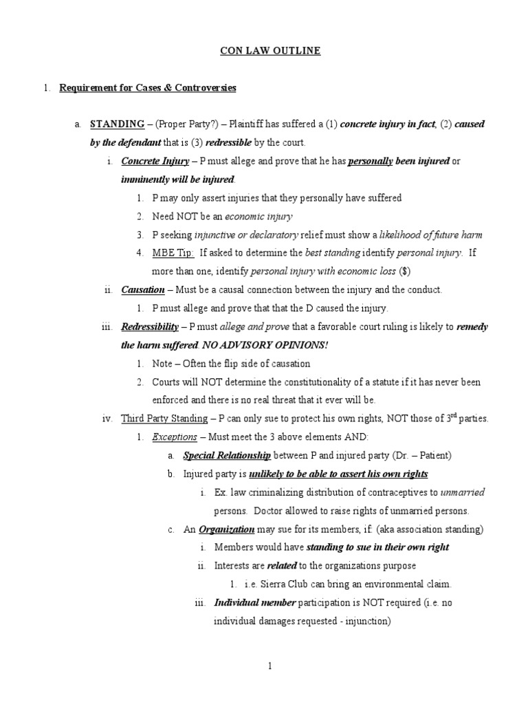 Con Law Outline Key Concepts | PDF | Standing (Law) | U.S. State