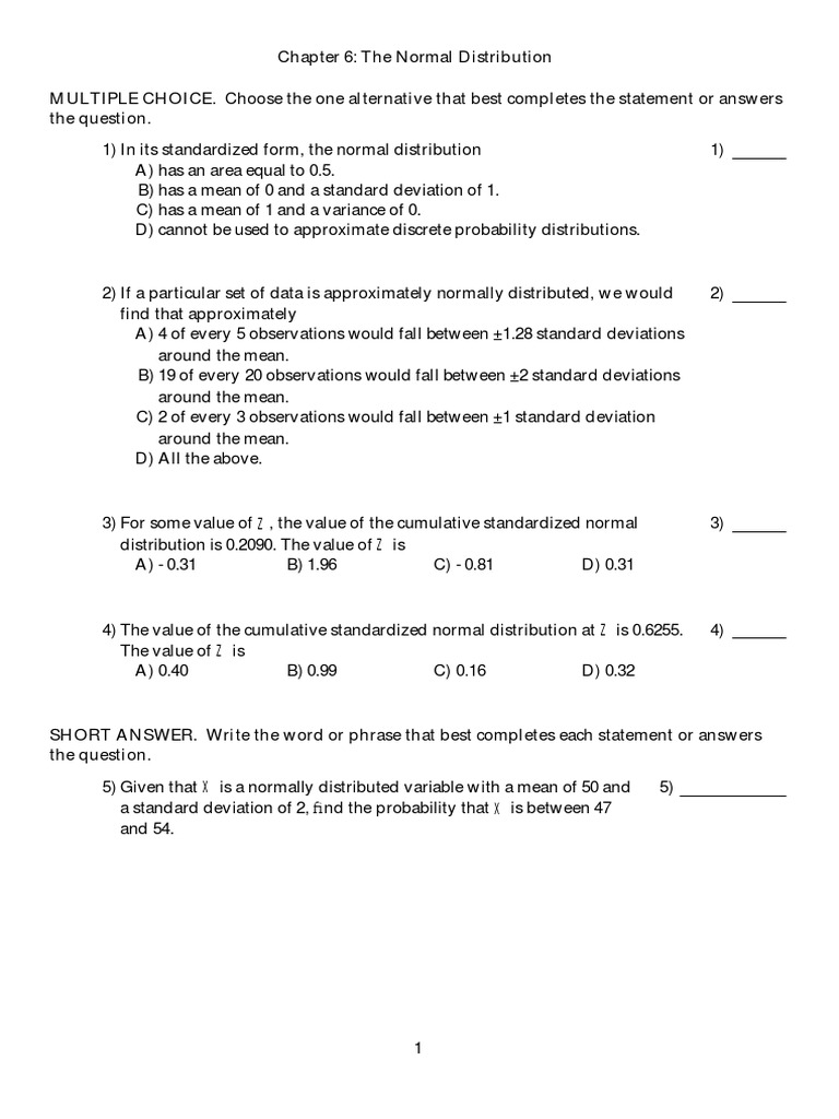 Normal Distribution Exam Questions | PDF | Normal Distribution | Mean