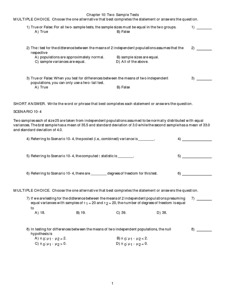 Ch10 Two Sample Tests | PDF | Statistical Hypothesis Testing | Null ...