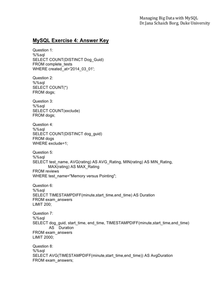 Mysql Exercise 4 Answer Key Pdf