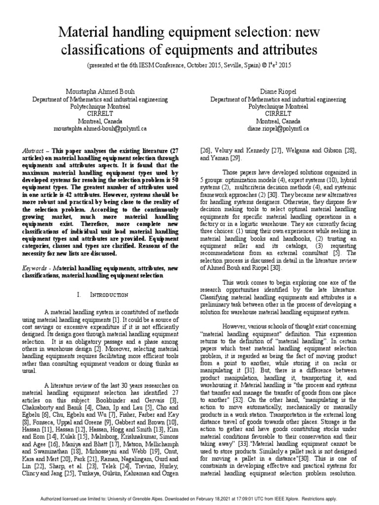 Material Handling Equipment Selection - New Classification | PDF ...