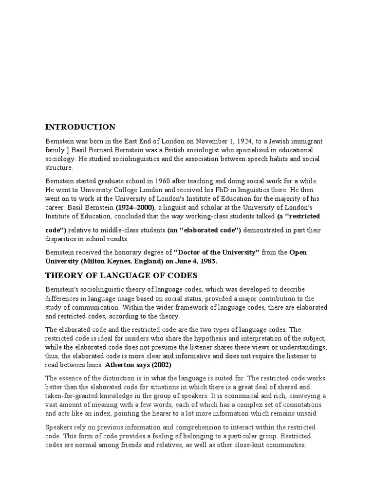 Basil Bernstein's Theory of Elaborated and Restricted Codes | Download ...