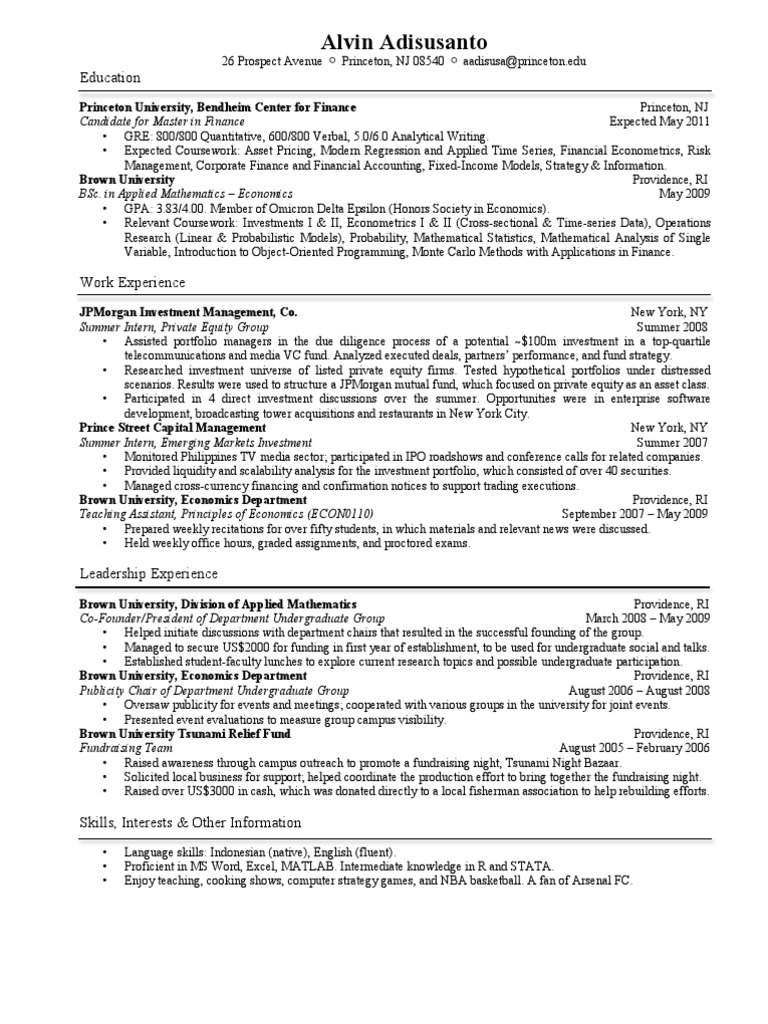 Princeton MFin Candidate Resume | PDF | Option (Finance) | Valuation ...