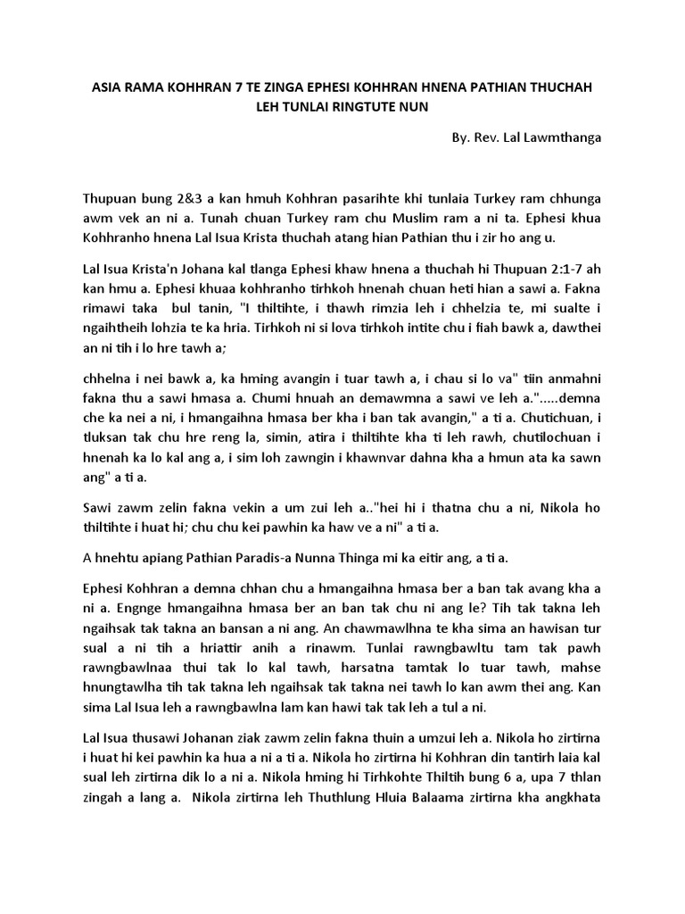 Asia Rama Kohhran 7 Te Zinga Ephesi Kohhran Hnena Pathian Thuchah Leh Tunlai Ringtute Nun | PDF