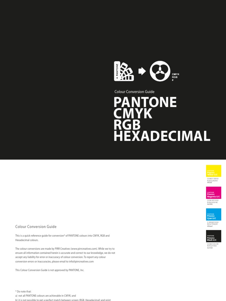 Colour Conversion Guide Pantone Cmyk RGB Hex | PDF | Qualia | Publishing