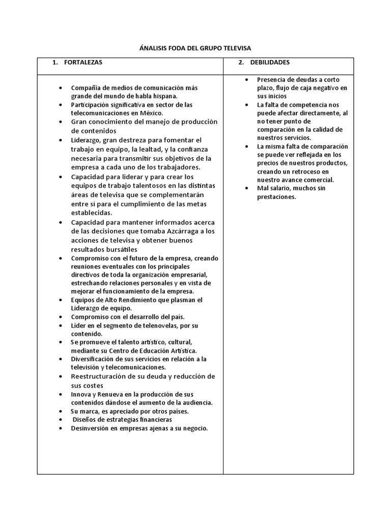 Analisis Foda Del Grupo Televisa | PDF | Economias | Business Analisis Foda Del Grupo Televisa | PDF | Economias | Business