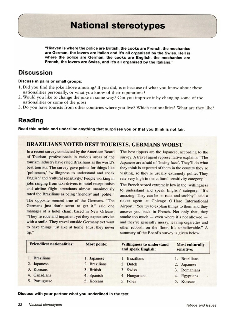 Taboos and Issues National Stereotypes Exercise | PDF