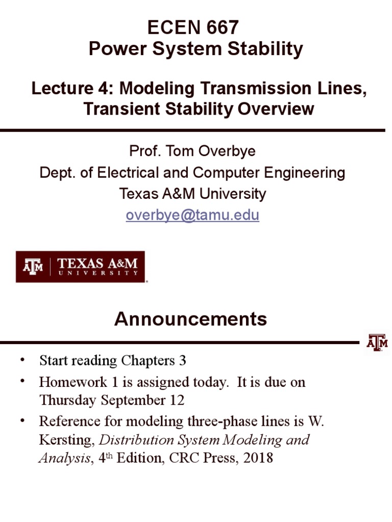 Lecture 4 Modeling Transmission Lines, Transient Stability Overview ...