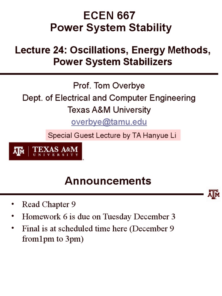 Lecture 24 Oscillations, Energy Methods, Power System Stabilizers | PDF | Stability Theory ...