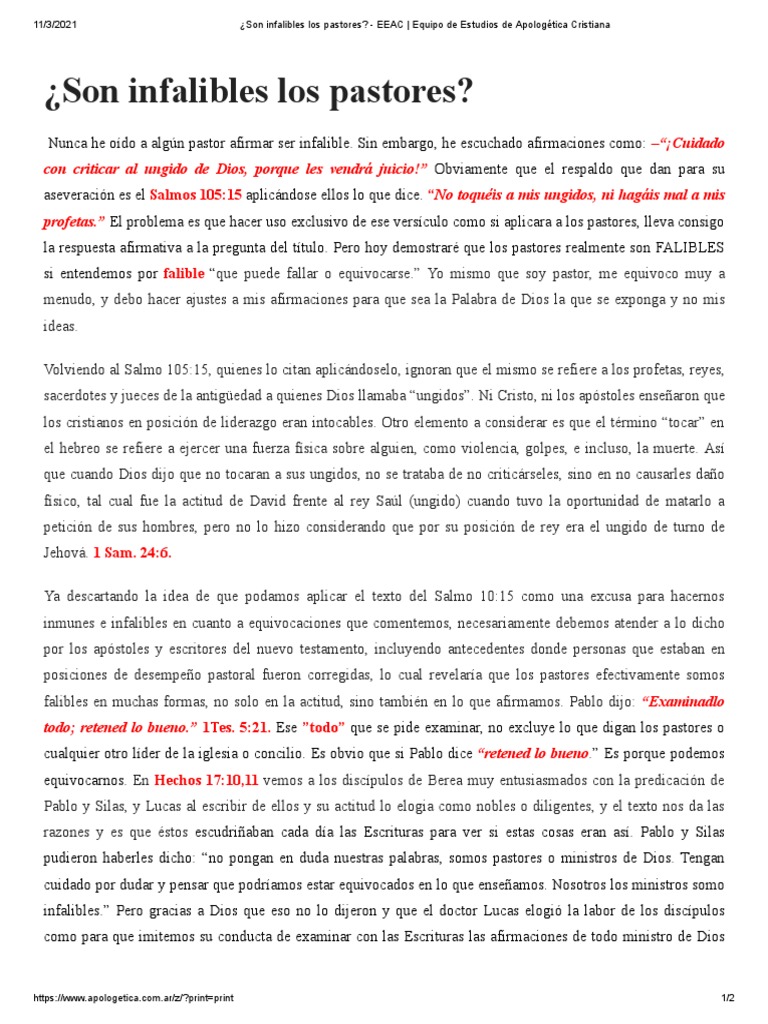 ¿Son Infalibles Los Pastores - EEAC - Equipo de Estudios de Apologética Cristiana | PDF | Biblia ...