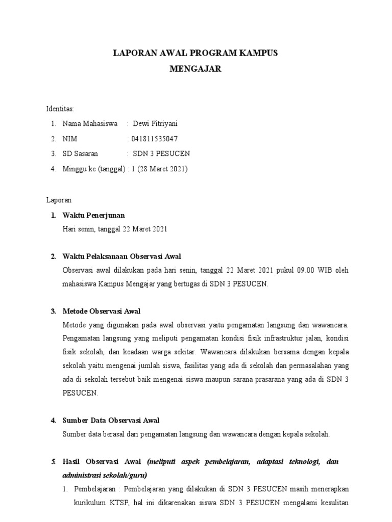 Laporan Awal Program Kampus Mengajar | PDF