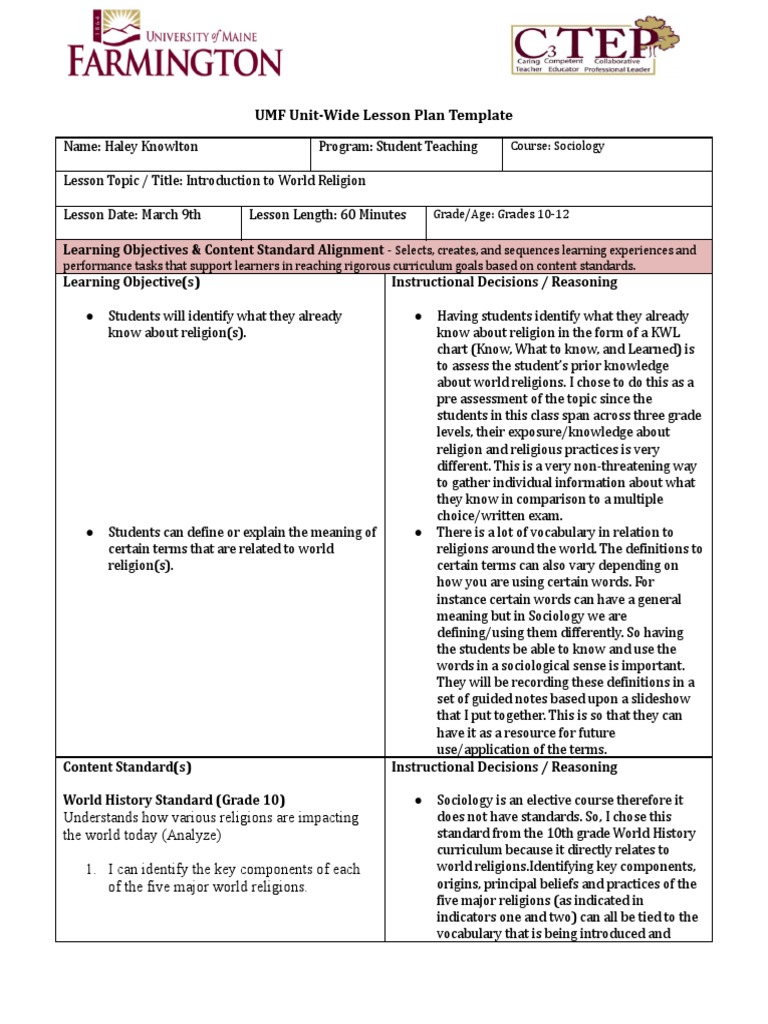 UMF Unit-Wide Lesson Plan Template | PDF | Educational Assessment | Learning