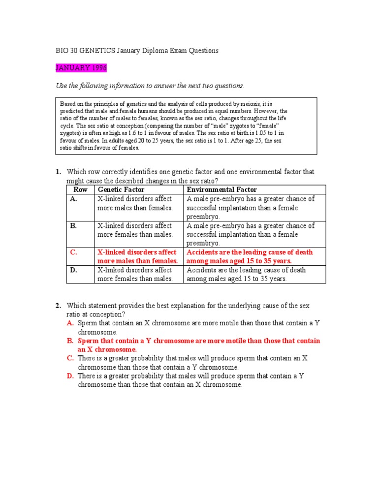 Genetics Exam Questions On Sex Ratios Inheritance Patterns And Genetic Crosses In Humans And